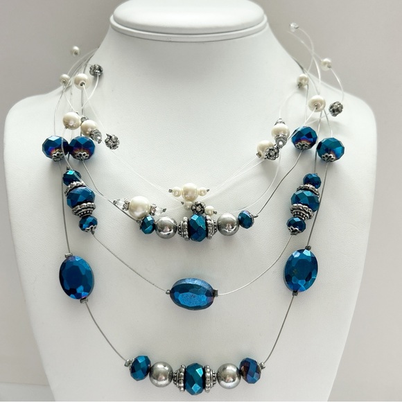 Jewelry | Pearl Rhinestone Blue Metallic Silver Floating Wire Triple ...